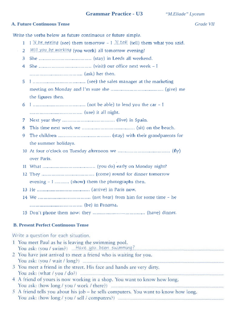 7-3 Grammar Practice Future Continuous | PDF