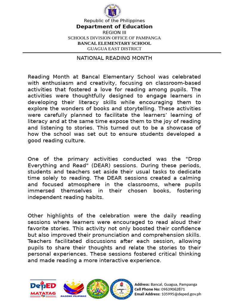 Reading Month - Narrative Report | PDF | Teachers | Storytelling