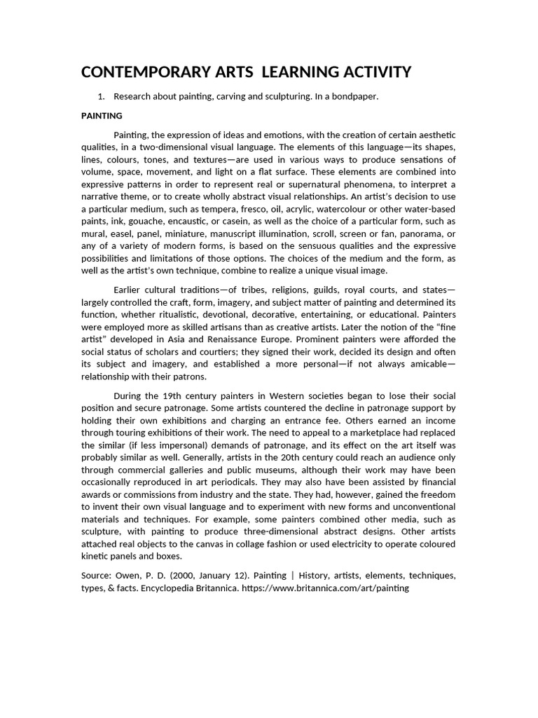 CONTEMPORARY ARTS LEARNING ACTIVITY | PDF | Paintings | Wood Carving