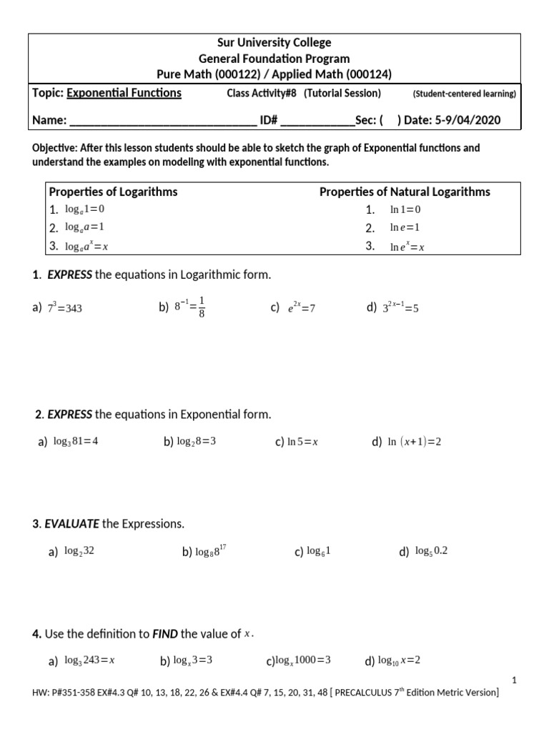 Lecture#8.2 - Exp and Log Functions & Equations | PDF | Logarithm | Function (Mathematics)
