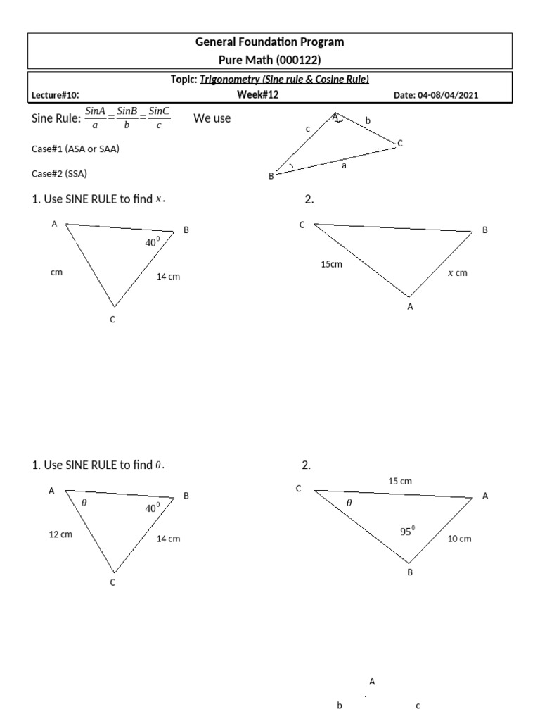 Lecture#10-Trigonometry (Sine Rule and Cosine Rule) | PDF ...