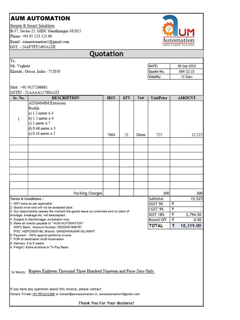 069 Quotation 06928092022 | PDF | Payments | Economy Of India