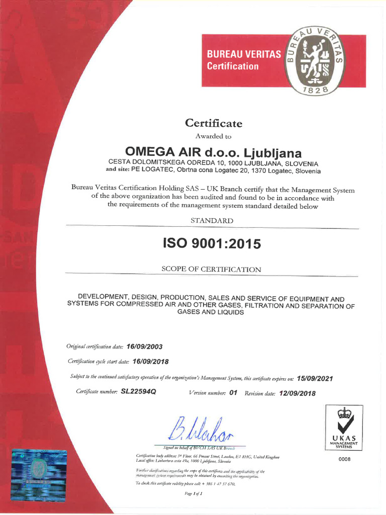 2019 Omega Air Certificate of Conformity ISO 9001 Eng (1) | PDF