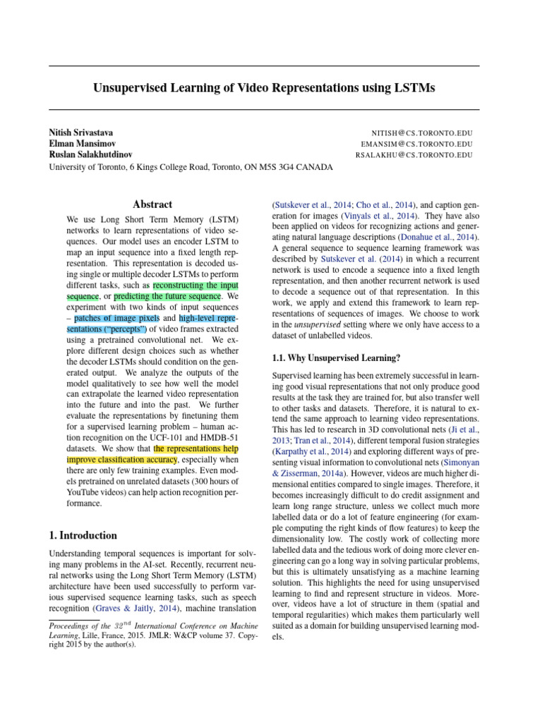 Unsupervised Learning of Video Representations using LSTMs | PDF | Learning | Applied Mathematics