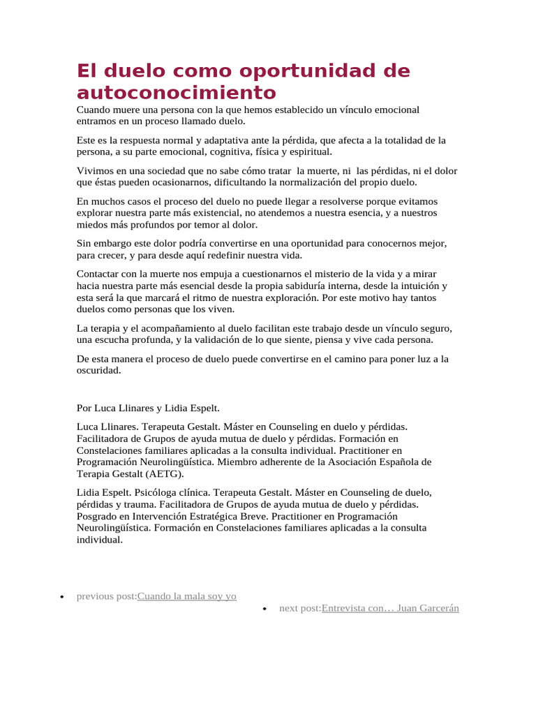 Duelo: Oportunidad de Autoconocimiento | PDF | Dolor | Terapia Gestalt