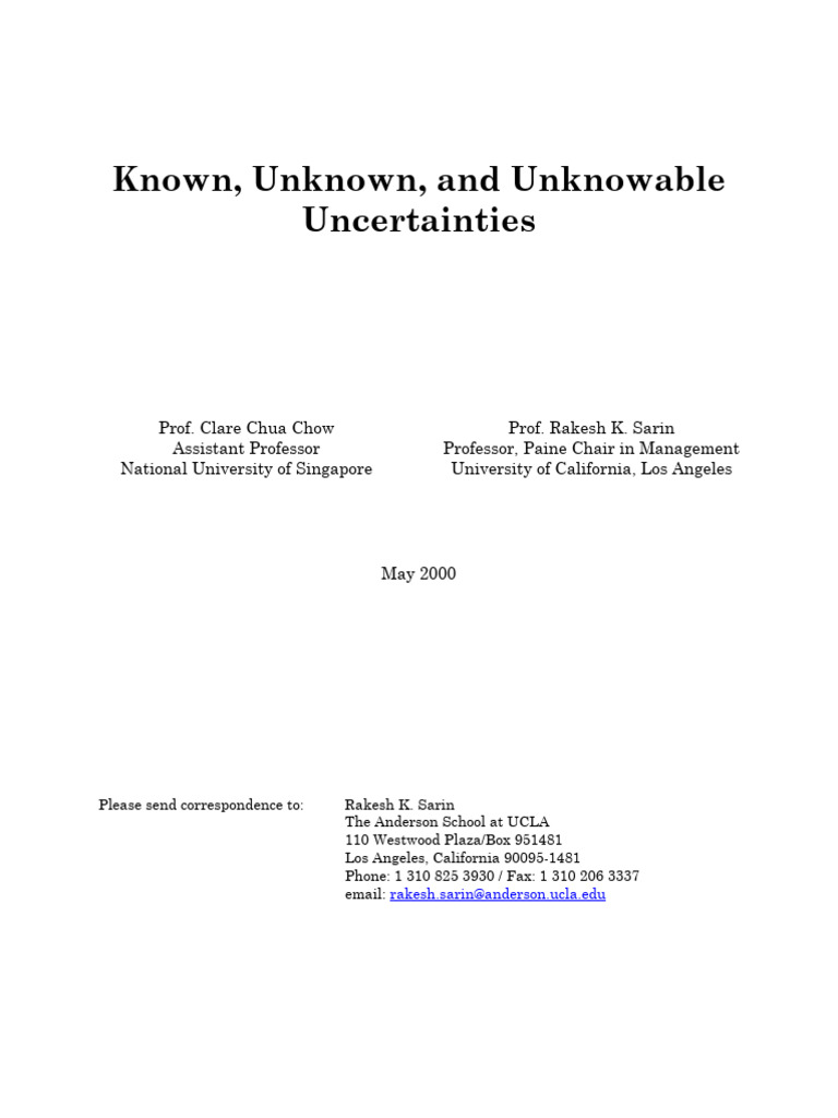 Known Unknown and Unknowable Uncertainties | PDF | Decision Theory ...