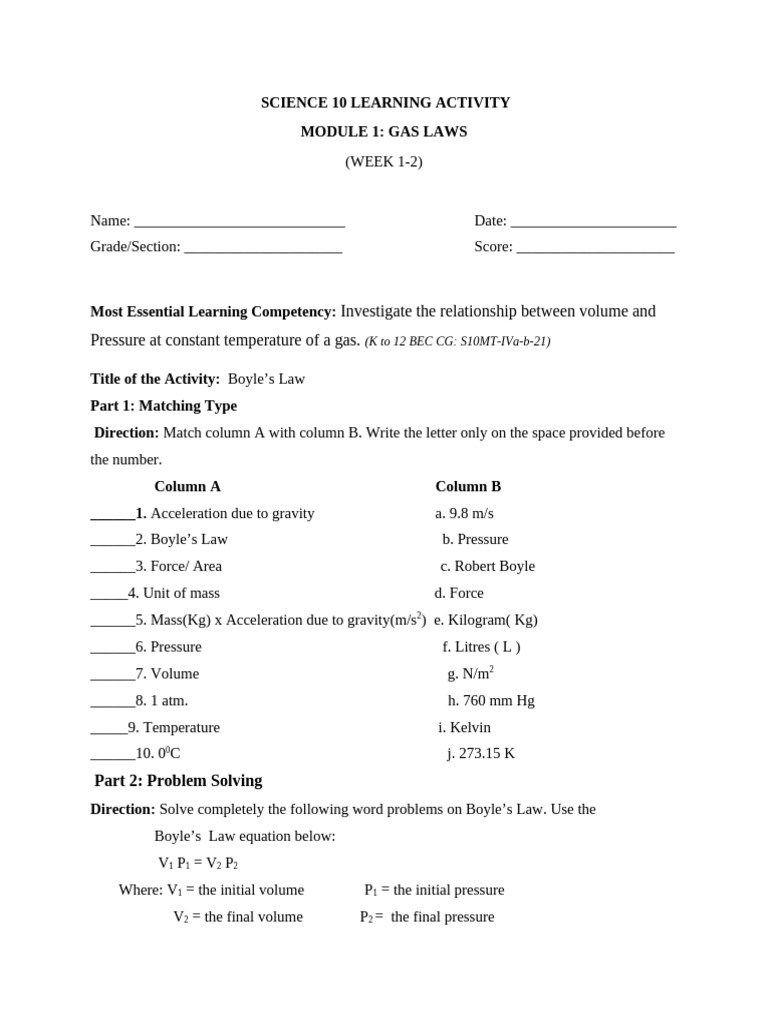 Q4 SCIENCE 10 Module1 Worksheets | PDF | Gases | Volume