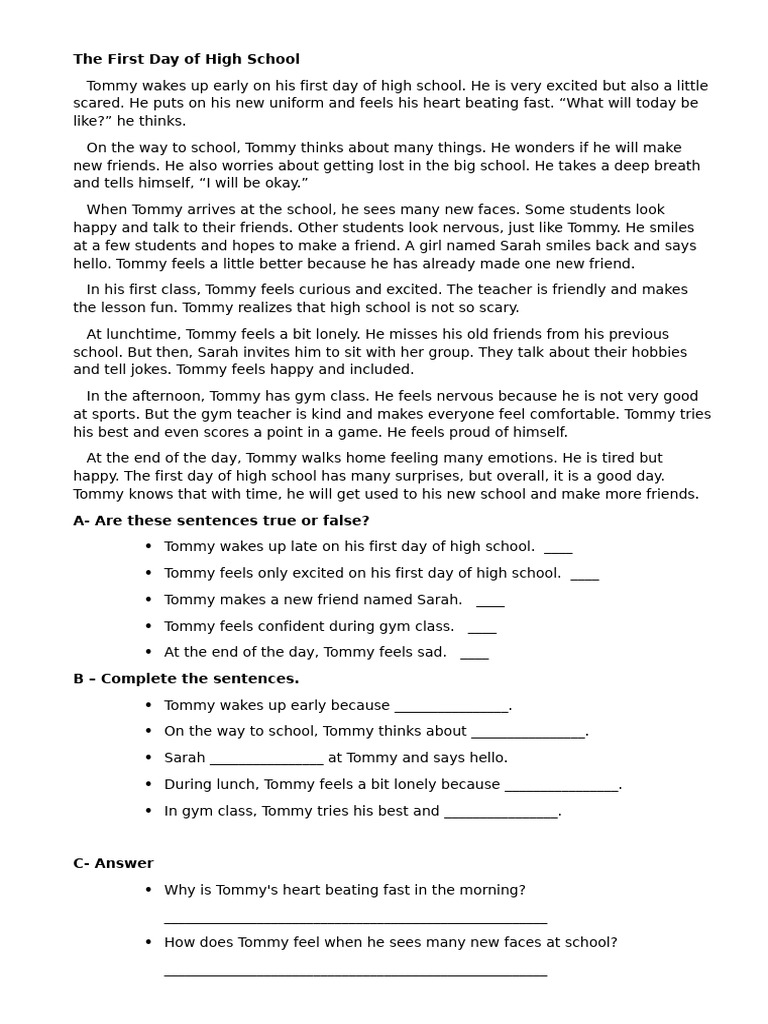 Tommy's First Day of High School | PDF
