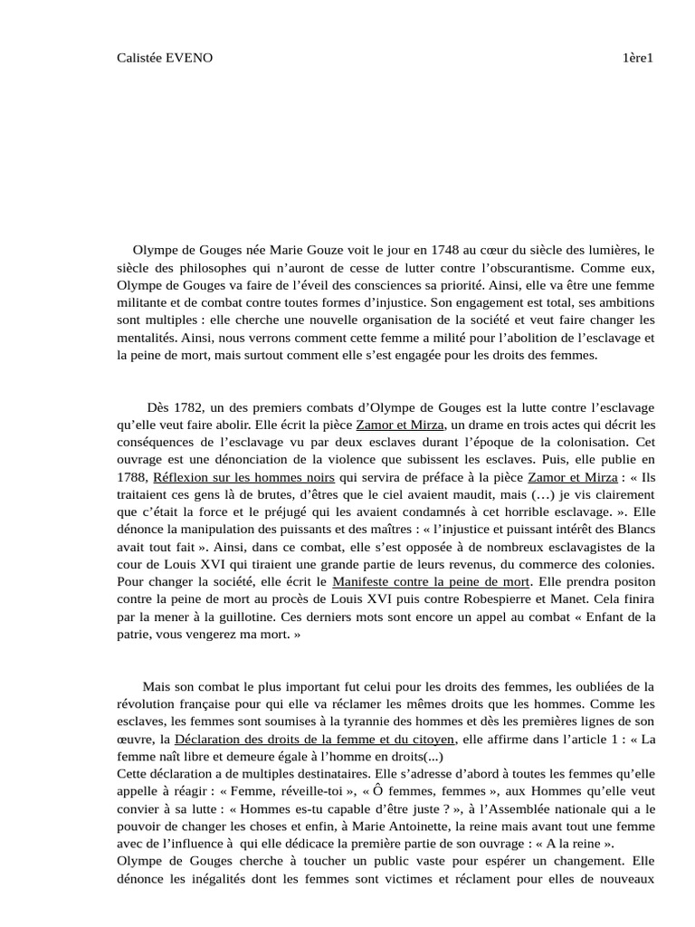 Dissertation de Francais Olympe de Gouges | PDF | Esclavage | Mariage