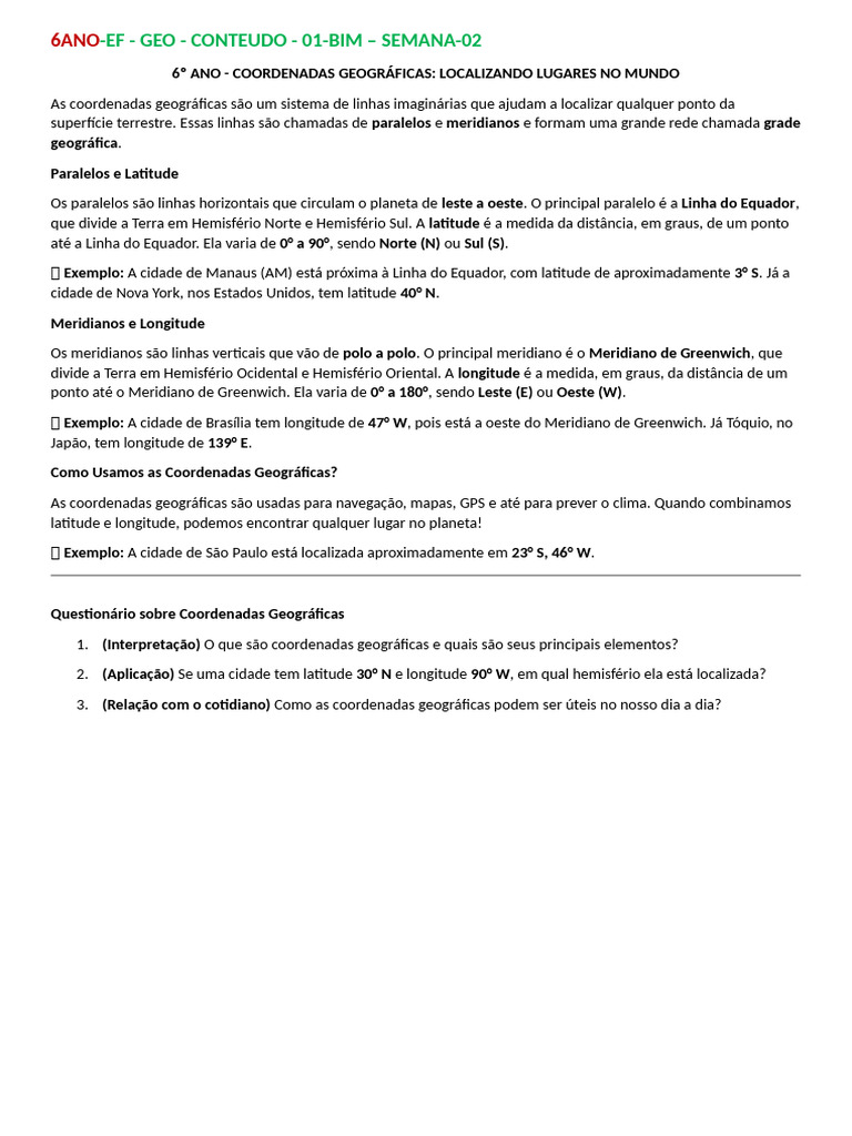 6º Ano - Coordenadas Geográficas Localizando Lugares No Mundo | PDF | Geografia | Latitude
