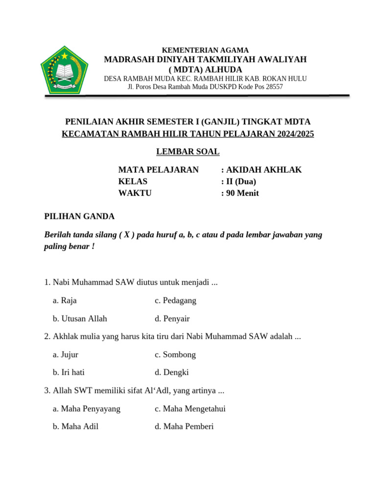 Soal Akidah Akhlak Kls 2 Mda | PDF