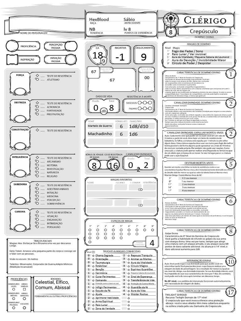 DND 5e Ficha Clerigo Editavel | PDF | Sabedoria