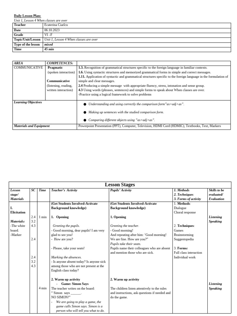 Lesson Plan 6th grade (5) | PDF | Communication | Learning