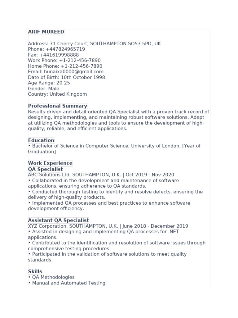 QA Specialist Resume UK | PDF