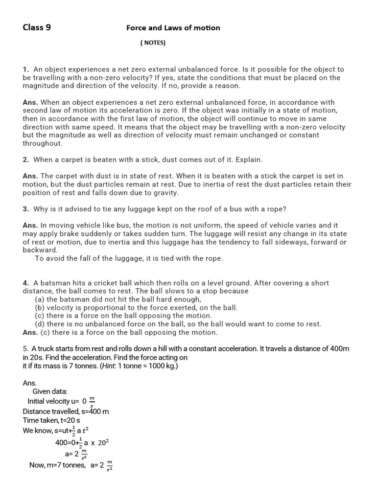 Class 9 Force and Laws of Motion | PDF | Force | Momentum