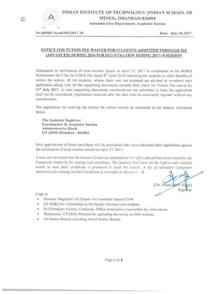 FEE Waive Notice - 2017 18 | PDF