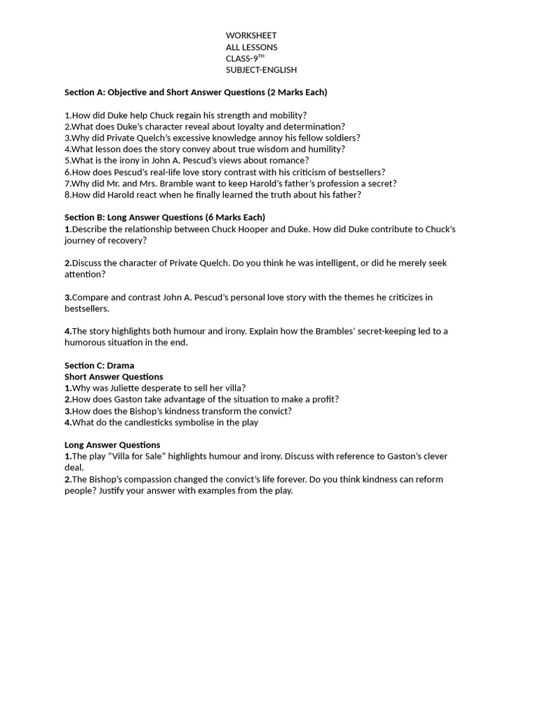 All Lessons Class 9 English Worksheet | PDF