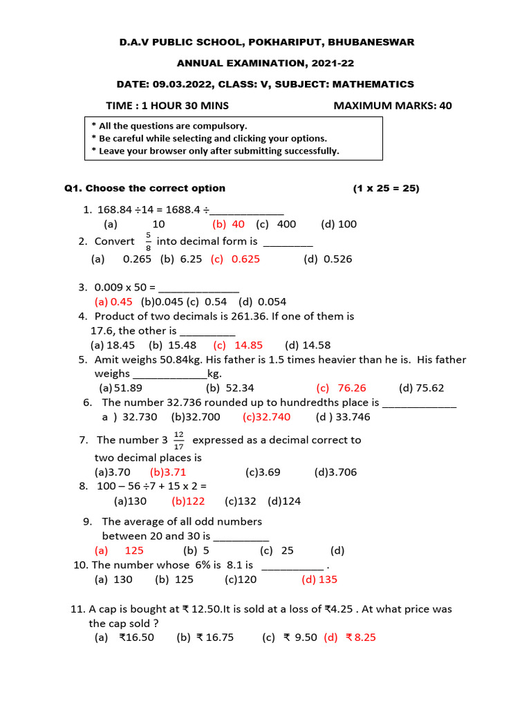 Assignment - STD-V Maths | PDF