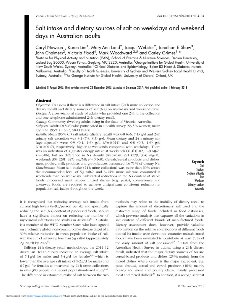 Nowson, 2018. Salt-intake-and-dietary-sources-of-salt-on-weekdays-and ...