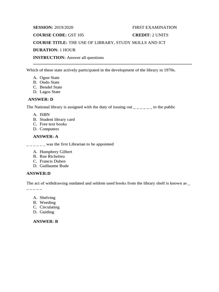 GST 105 LIBRARY 2019 2020 First Semester Examination Question 085430 | PDF | Libraries | Librarian