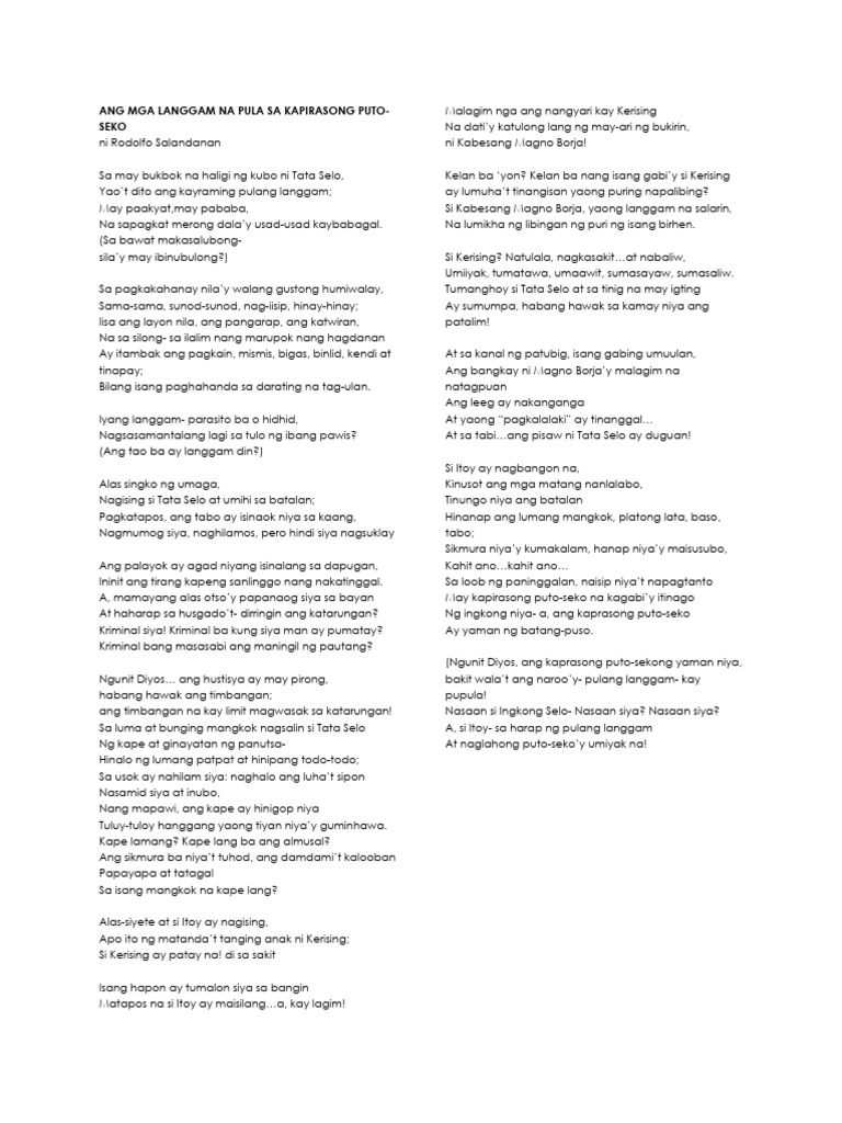 Ang Mga Langgam Na Pula Sa Kapirasong Puto Seko Ni Rodolfo | PDF