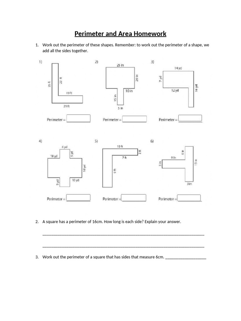 Maths Perimeter and Area Homework | PDF