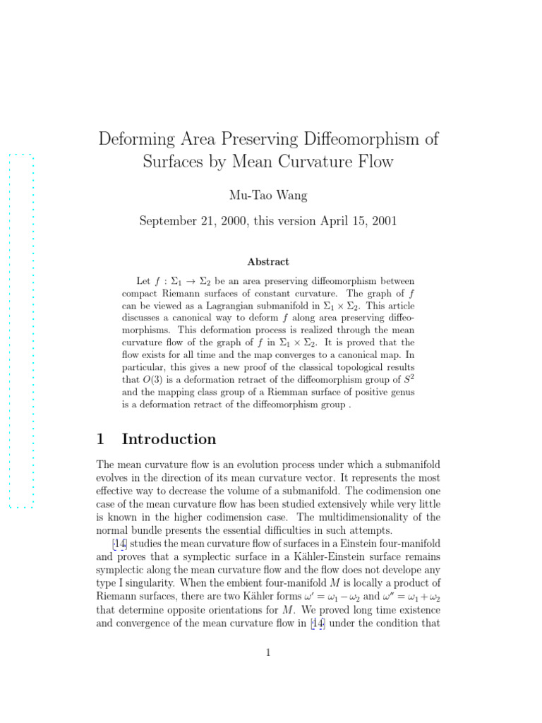 (Wang) Deforming Area Preserving Diffeomorphism of Surfaces by Mean ...