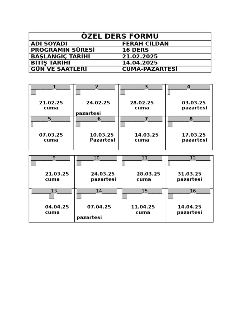 Özel Ders Formu | PDF