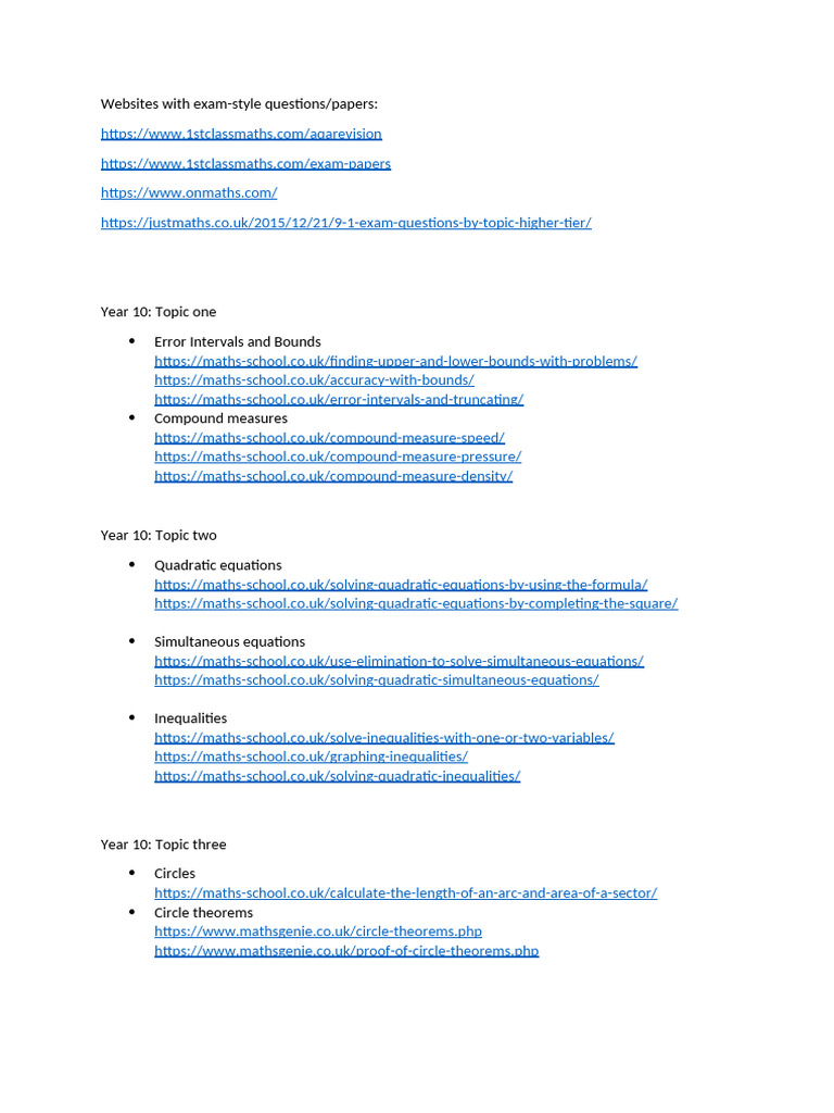 Links To Revision Material - Y10 - Jan 2025 Higher | PDF | Mathematical ...