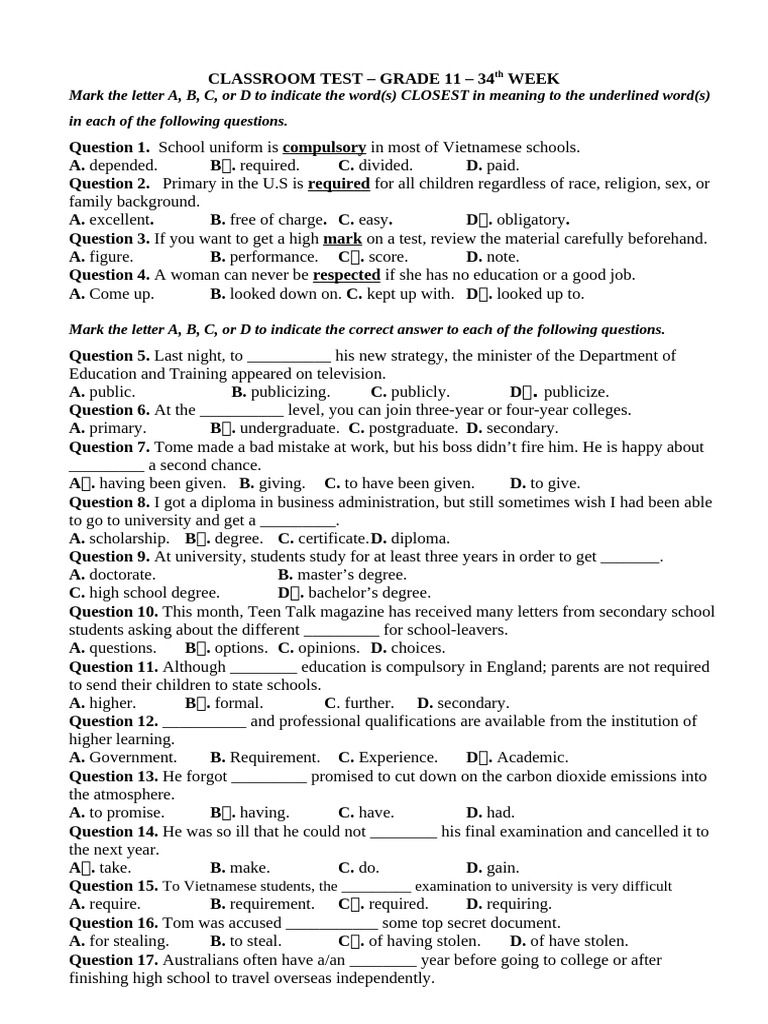 Grade 11 Classroom Test Questions | PDF | Academic Degree | Vocational ...
