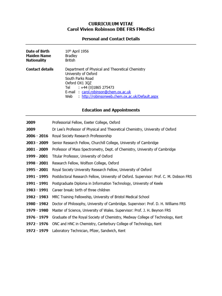 CV Carol Robinson August 2020 | PDF | Biochemistry | Chemistry
