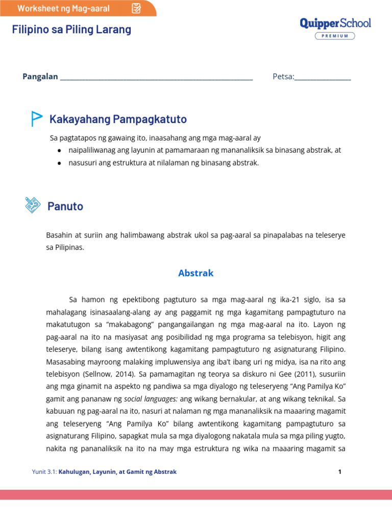 AW1 - FPL 11 - 12 Q1 0301 - Kahulugan Layunin at Gamit NG Abstrak 3 | PDF