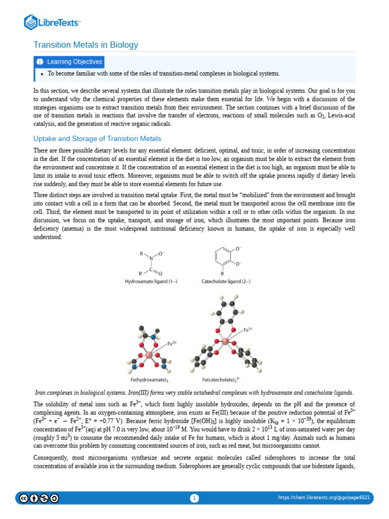 Transition Metals in Biological Systems | PDF | Hemoglobin | Iron