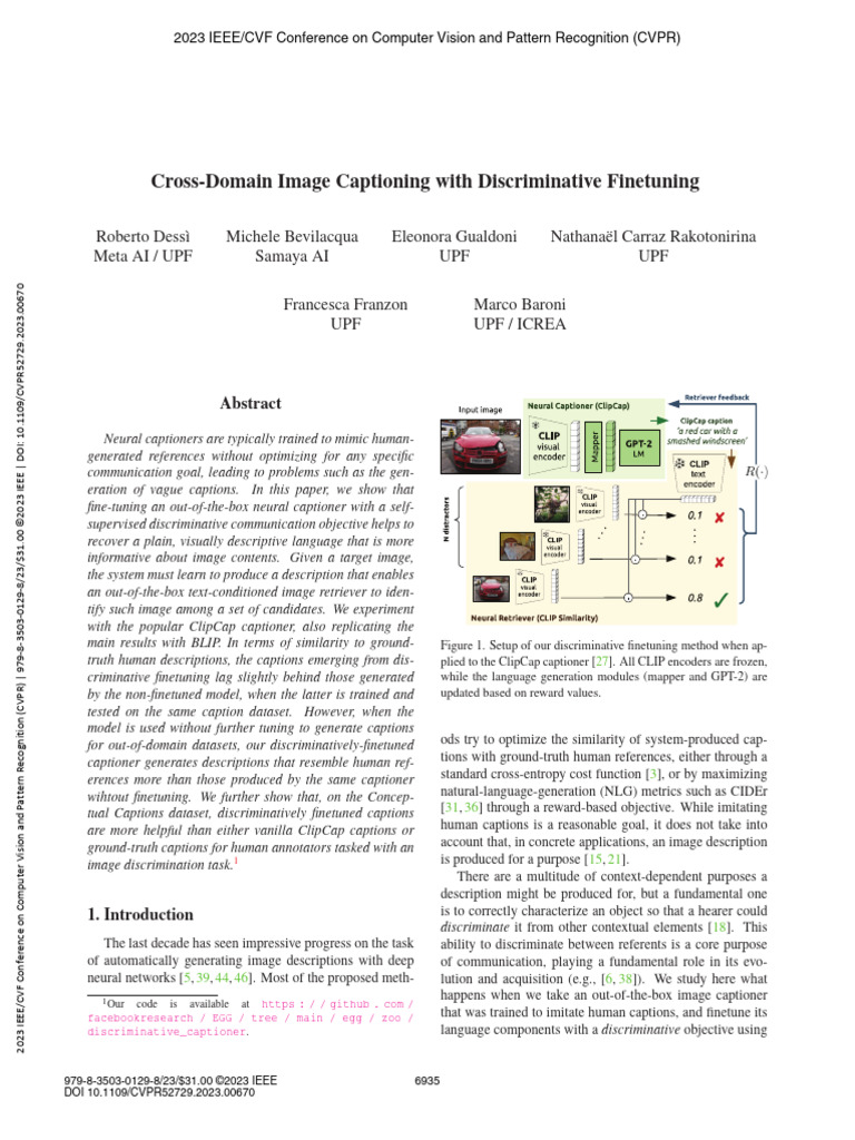 2023 Cross-Domain Image Captioning With Discriminative Finetuning | PDF | Deep Learning | Learning