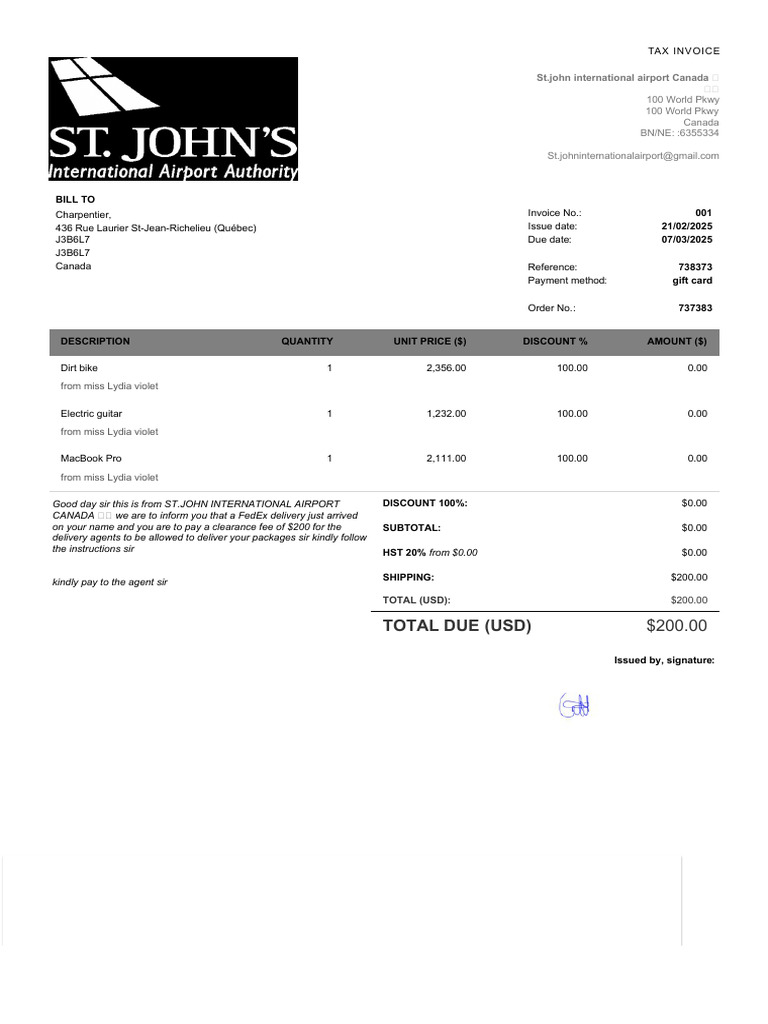 Airport Billing Invoice for Delivery Fees | PDF | Payments