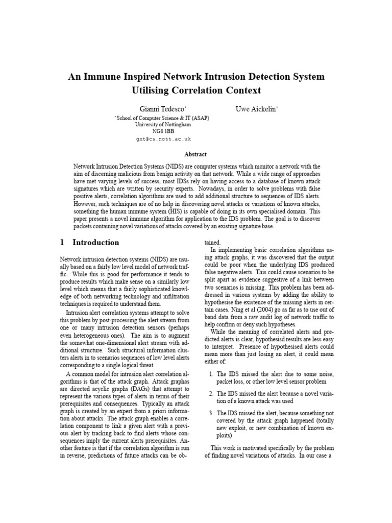 An Immune Inspired Network Intrusion Detection System Utilising Correlation Context | PDF ...