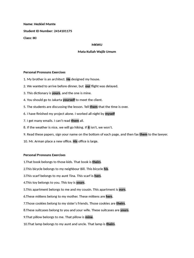 Latihan Pesonal Pronouns Hezkiel Munte | PDF