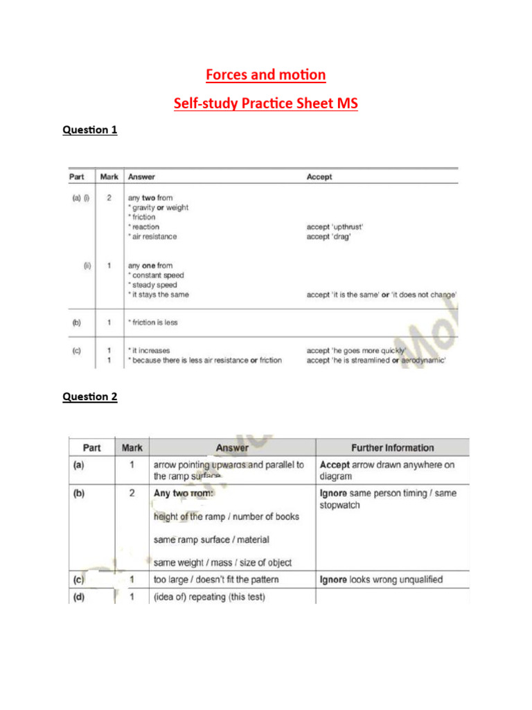 Practice Sheet forces&motionsMS | PDF