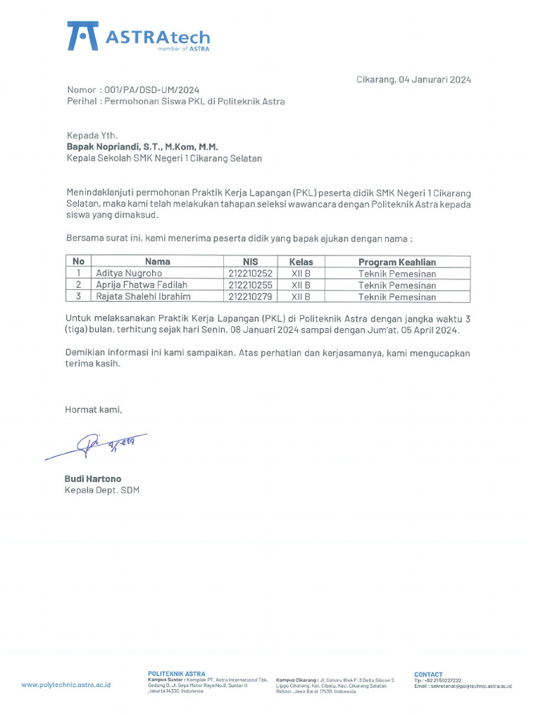 001 - Surat Konfirmasi Penerimaan Permohonan Siswa PKL Politeknik Astra | PDF