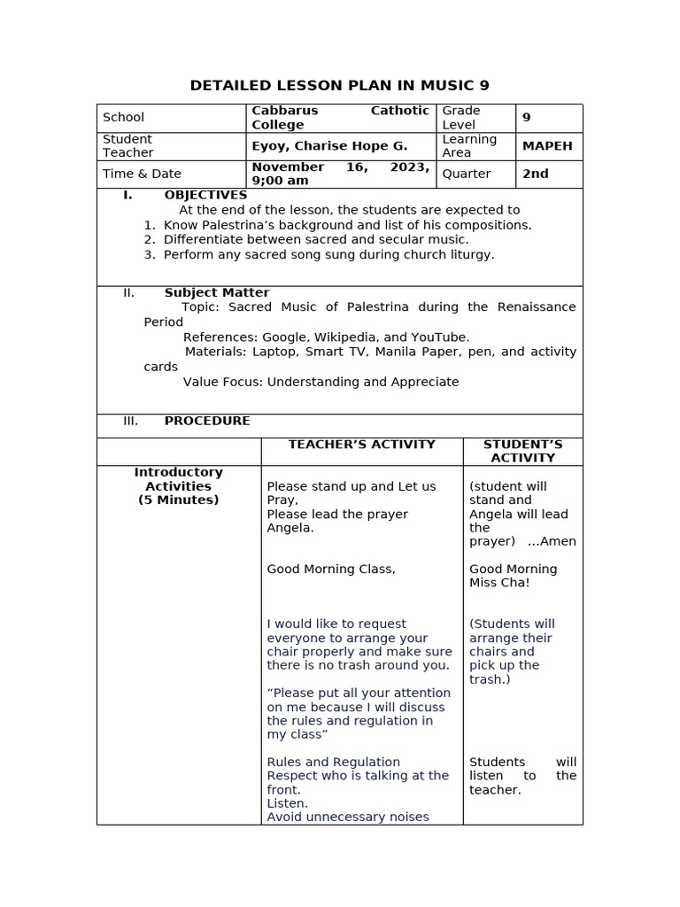 Detailed Lesson Plan in Music 9 | PDF | Musicology