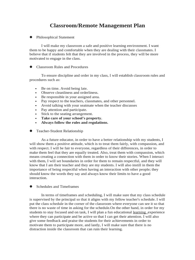Classroom Management Plan | PDF | Classroom | Learning