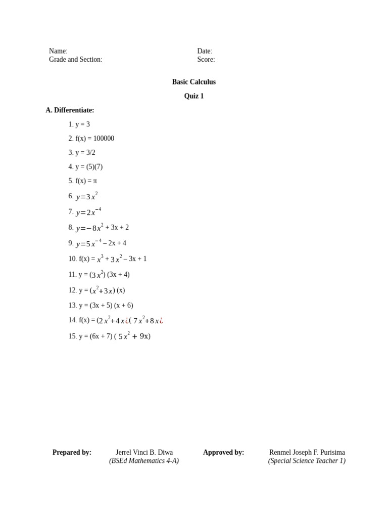 Basic Calculus Quiz 1: Differentiation | PDF