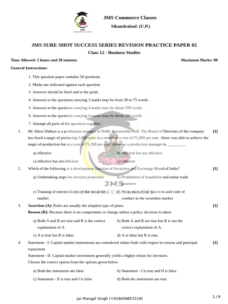 JMS BST Revision Practice Paper 02 | PDF | Option (Finance) | Retail
