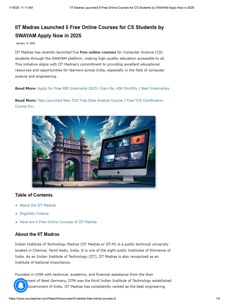 IIT Madras Launched 5 Free Online Courses For CS Students by SWAYAM ...