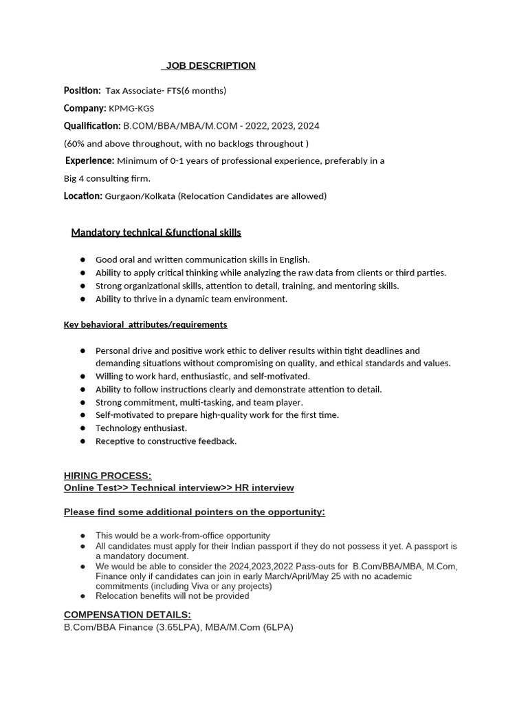KPMG Tax Associate Job Opening | PDF