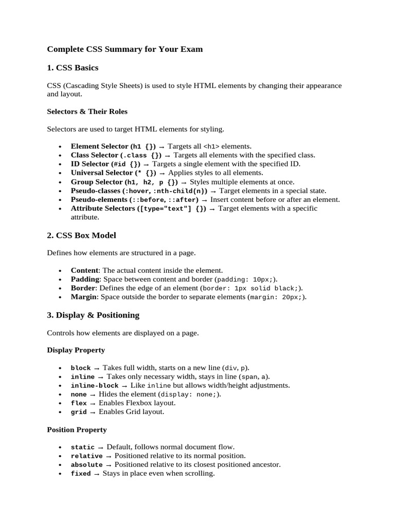 Complete CSS Summary for Your Exam | PDF | Graphic Design | Web Development