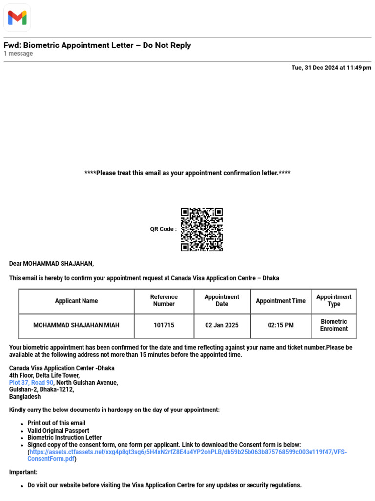Biometric Appointment Letter | PDF | Travel Visa | National Security
