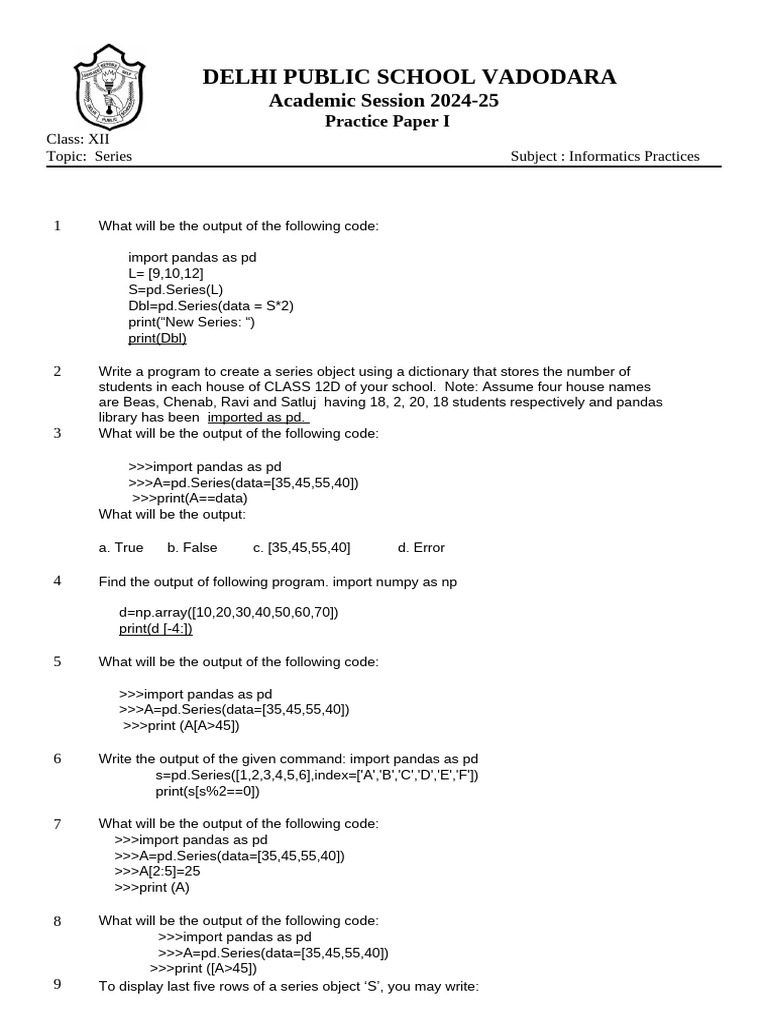 Informatics Pratices - Class 12 - Series - Practice Paper - 2024-25 ...