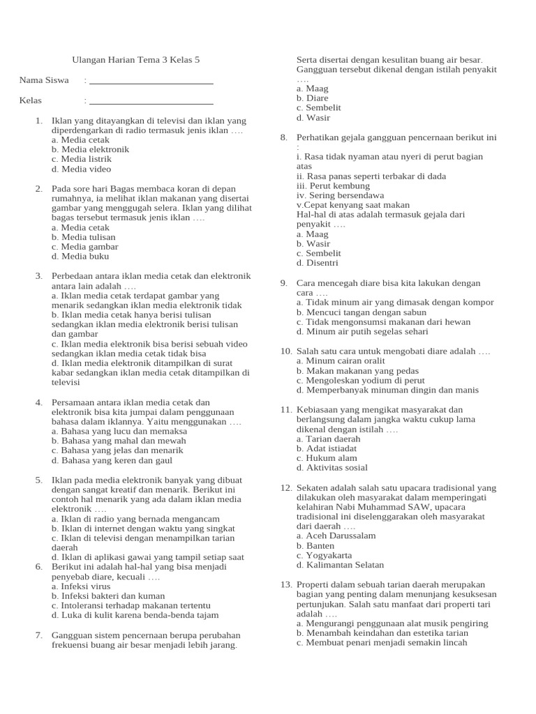 Ulangan Harian Tema 3 Kelas 5 | PDF