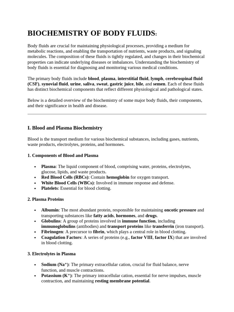 BIOCHEMISTRY OF BODY FLUIDS | PDF | Lymph | Cerebrospinal Fluid